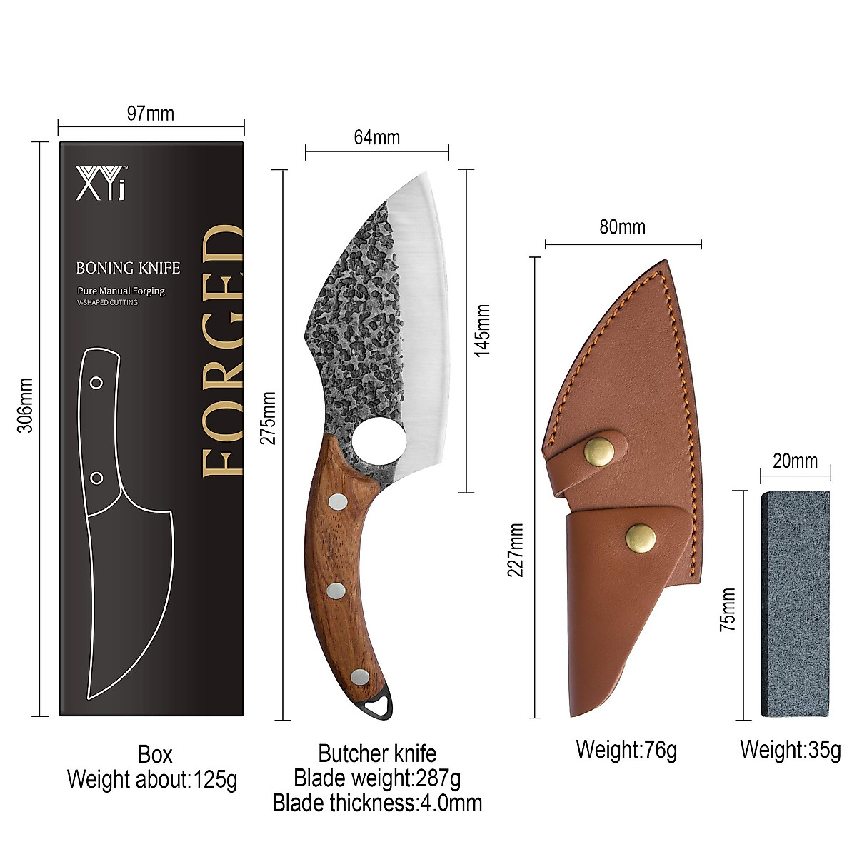 XYJ 6 inch Boning Knife Full Tang Handmade Forging Carving Knife 4Cr13 Stainless Steel Blade with Soft Leather Sleeves for Carrying Out