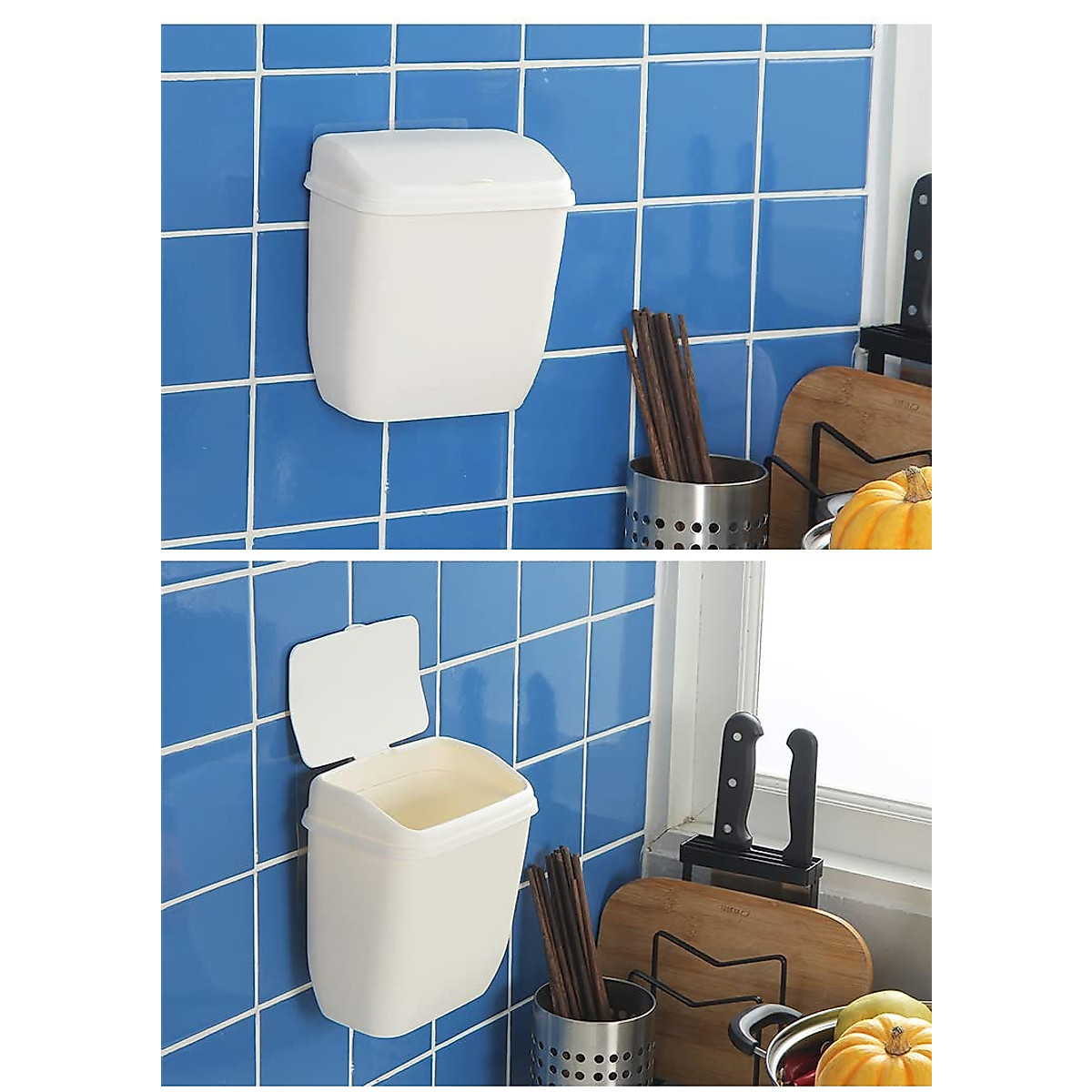 LELAKAYA White Plastic Dustbin Trash Can with Lid Wall Mounted Waste Bin Kitchen Hanging Ashbin for Bathroom Toilet Punch-Free Bin
