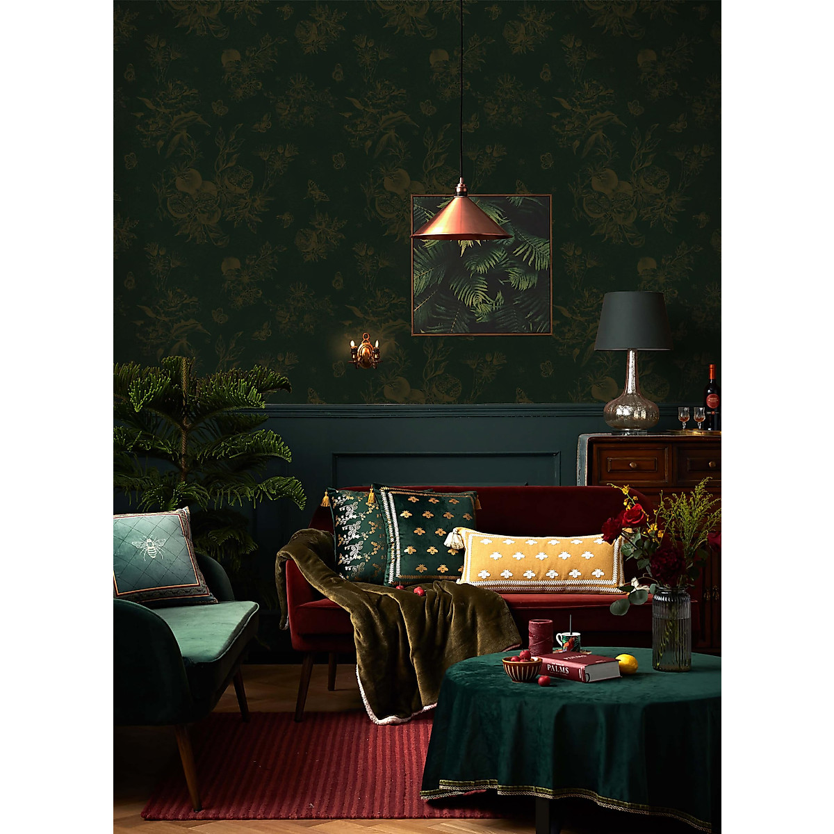 Dimoon 78.7"×17.3”Floral Peel and Stick Wallpaper Dark Green Golden Contact Paper Leaf Waterproof Butterfly Wall Paper Thicken Removable Vintage Self Adhesive Cabinets Shelf Liner Decal Vinyl Roll