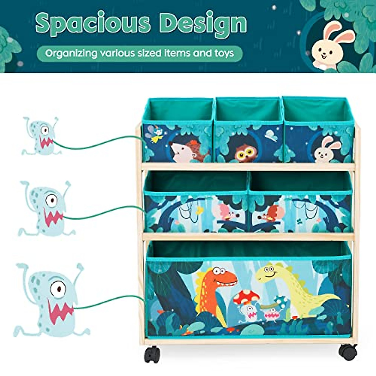 Toy Storage Organizer with Wheels, Utility Storage Cabinet, Rolling Cart with Large Storage Bins for Hold ing Toys, Books, Blankets, Blocks