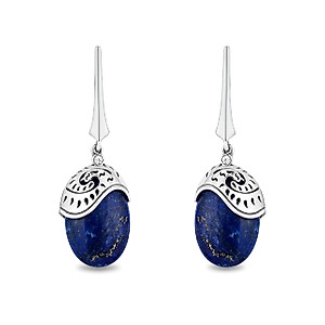 Jewelili Enchanted Disney Fine Jewelry Sterling Silver 14x10 MM Cabochon Oval Lapis and Natural White Round Diamond Accent Moana Dangle Earrings