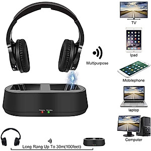 DIGITNOW Trail Wireless TV Headphones with Transmitter Dock, Over-Ear Cordless Headset with RCA / 3.5MM Input, for Watching Home Television Game 100 Feet Play Range