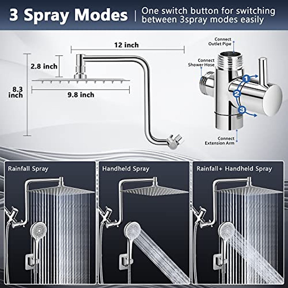 Shower Head High Pressure, 10" Rain Shower Head with Handheld Combo, with Upgraded 12" Adjustable Curved Shower Extension Arm, 4 Settings Handheld Shower Built-in Power Wash, Height/Angle Adjustable