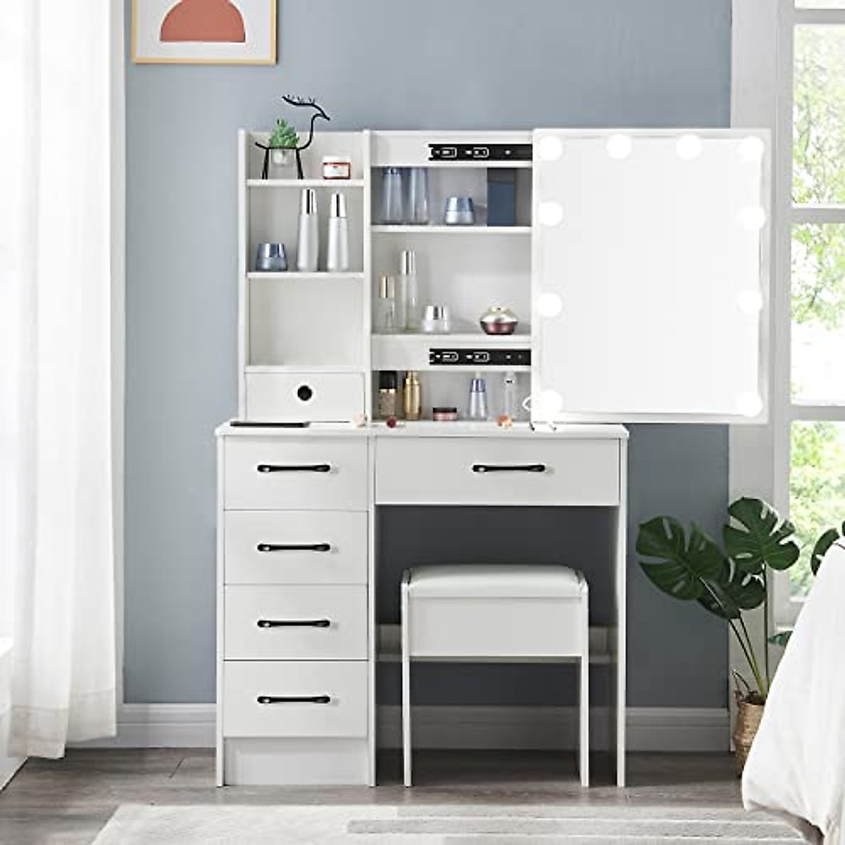 White Makeup Vanity Set with Sliding Lighted Mirror,Dressing Table with 5 Storage Drawers Shelves, Dresser Desk & Cushioned Stool Set for Bedroom