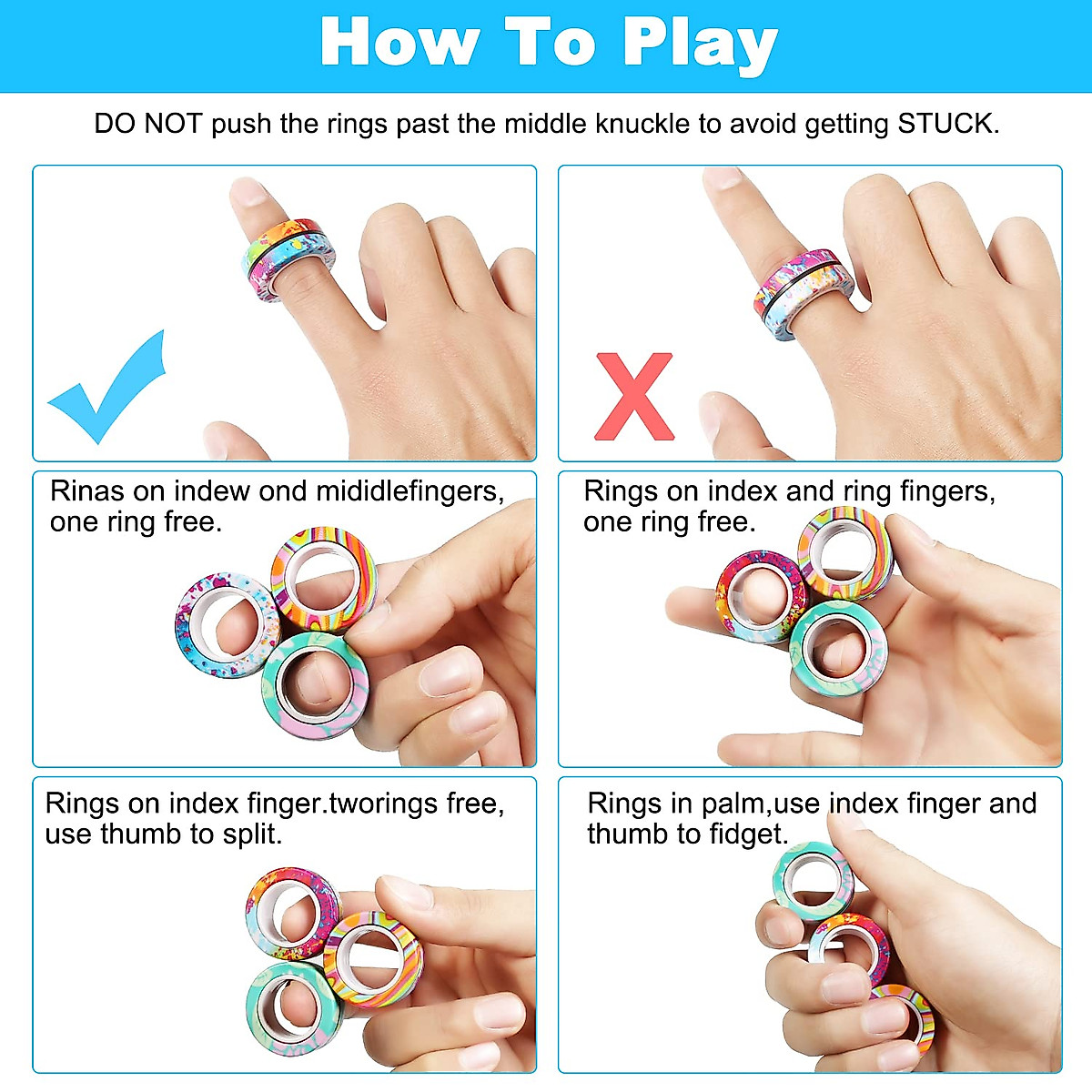 Pushmick 9 Pcs Finger Magnetic Rings Fidget Toys, Colorful Magnet Rings, Great Fidget Rings for Training Relieves Reducer Autism Anxiety.