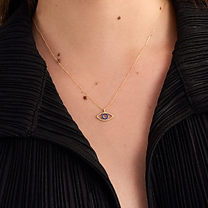 14k Solid Gold Open Evil Eye Necklace | 14k Yellow Gold Blue Necklaces for Women | Eye Shaped Pendant Necklace | Delicate Protection Jewelry | Gifts for Birthday, 18"