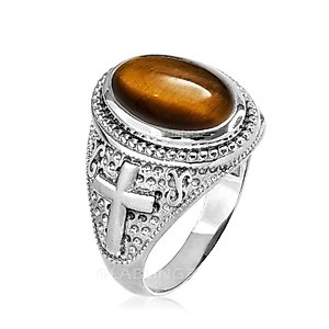 Sterling Silver Tiger Eye Gemstone Cross Ring (7.5)