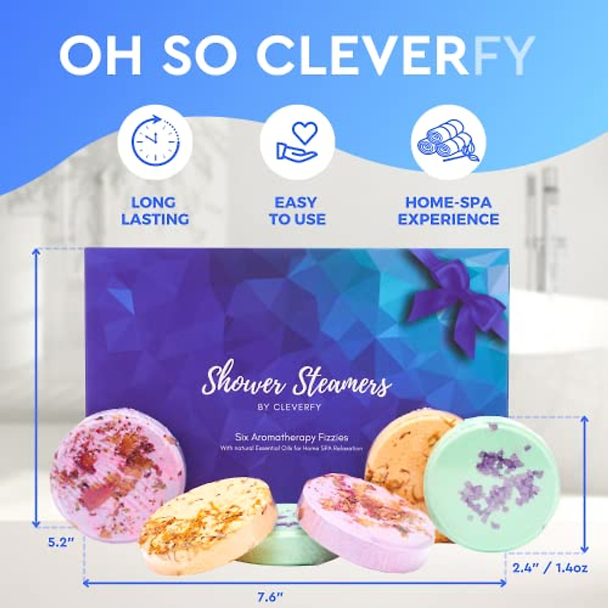 Cleverfy Shower Steamers Aromatherapy - Variety Pack of 6 Shower Bombs with Essential Oils. Self Care and Relaxation Birthday Gifts for Mom. Blue Set