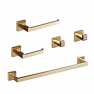 Bathroom Hardware Set 23.6-Inch Towel Bar,2pcs Towel Hook,Toilet Paper Holder,Hand Towel Holder Stainless Steel Brushed Gold Bathroom Accessories GTS3190BG…