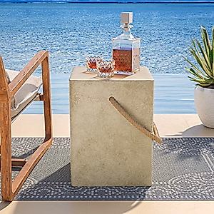 COSIEST Concrete Side Table, Rectangular Outdoor Side Table w Hemp Rope Handles,15''Patio Side Tables End Table, Outdoor Accent Side Table for Garden and Patio, Beige