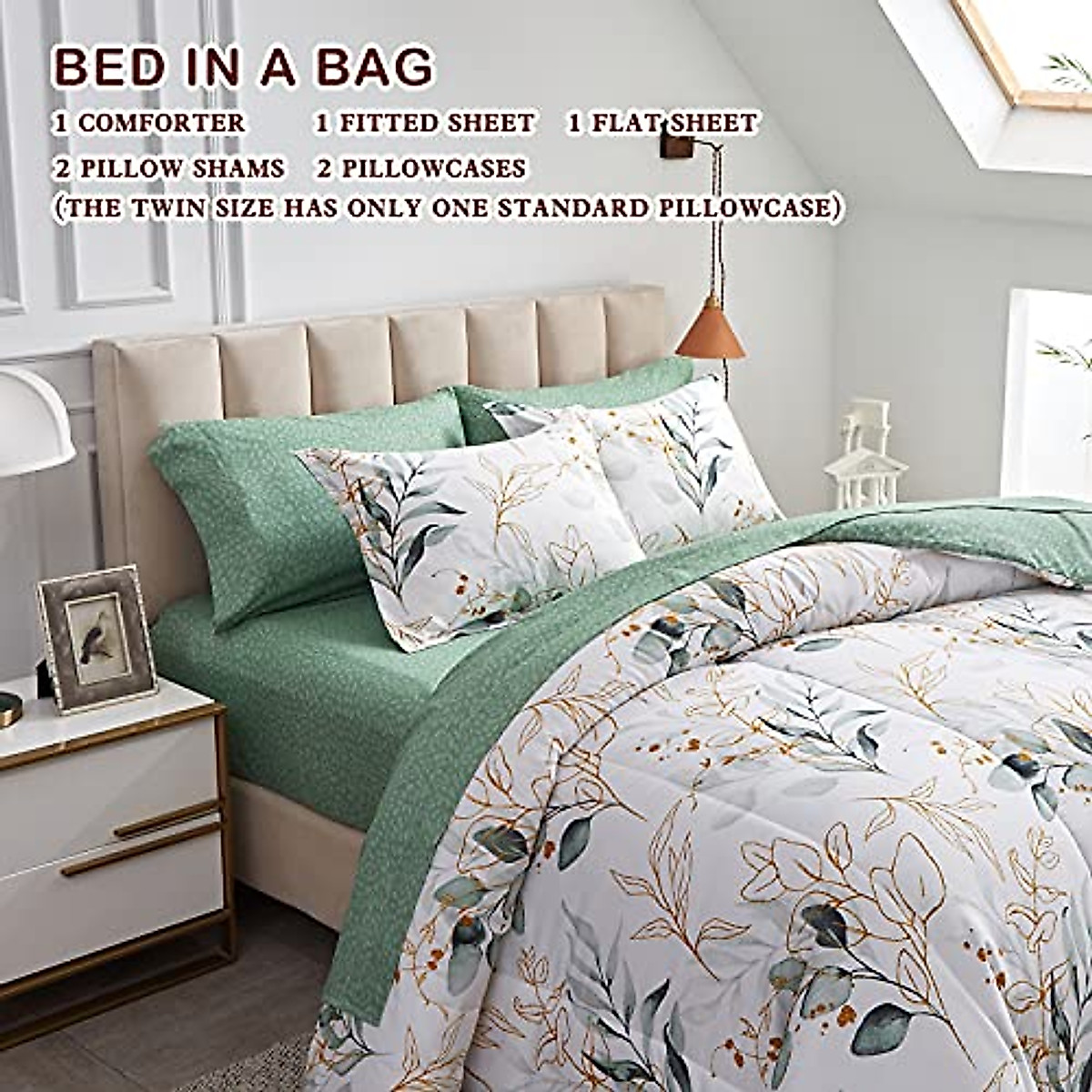 Joyreap 7 Piece Bed in a Bag Queen, Green Leaves Printed on White Botanical Design, Microfiber Comforter Set for All Season (1 Comforter, 2 Pillow Shams, 1 Flat Sheet, 1 Fitted Sheet, 2 Pillowcases)
