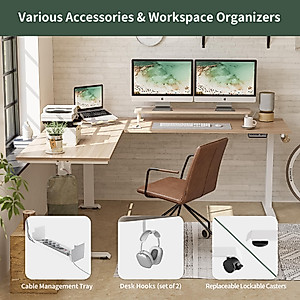 FEZIBO 75 Inches Triple Motor L Shaped Standing Desk Reversible, Electric Height Adjustable Corner Stand up Desk, Sit Stand Desk Computer Workstation, White Frame/Light Walnut Top