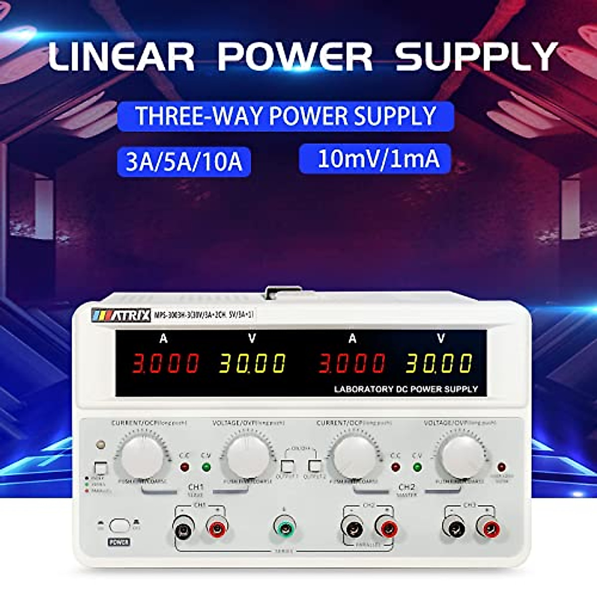 MATRIX MPS-3005H-3 Triple Linear DC Power Supply,30V 5A Adjustable Variable Low Ripple Benchtop DC Power Supply Digital Regulated Lab Grade with 4 Digits Display with Series and Parallel Mode