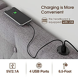 GREENSTELL Wall Mount Headboard with USB for King Size Bed, Linen Fabric Headboard Only, Industrial Pipe Modern Style, Gray Hanging Head Boards, Durable, Comfortable, Button Upholstered for Bedroom