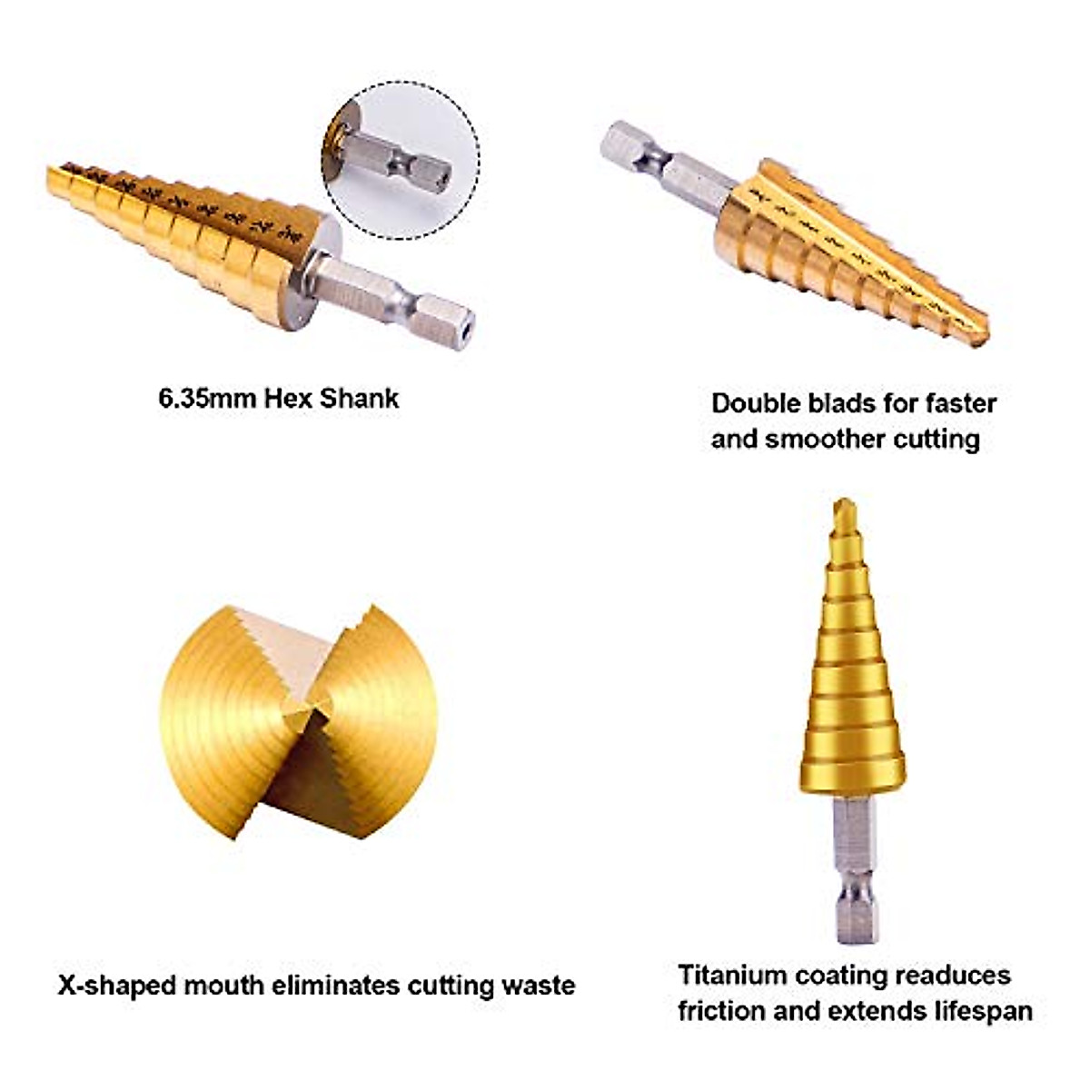 HSS Step Drill Bit Set - 3PCS 1/4" Hex Shank Titanium Coated High Speed Steel Hole Drill Cone Bits Stepped Up Unibit for Sheet Metal Hole Drilling Cutting Hole (1/8 Inch - 3/4 Inch)