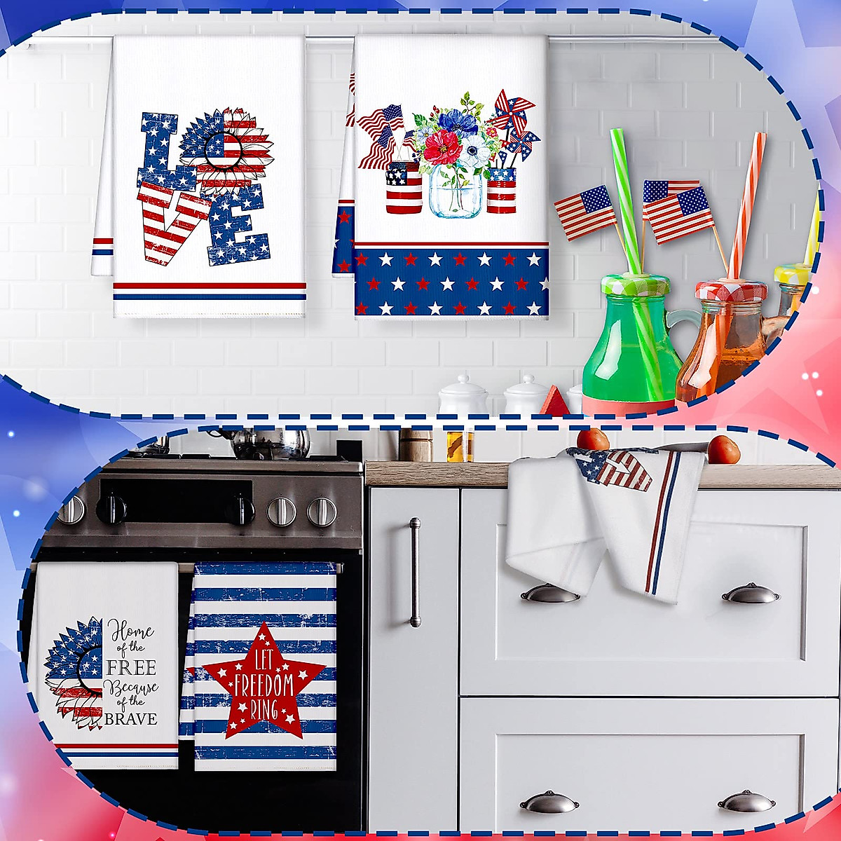 Bencailor 6 Pcs 4th of July Kitchen Towel Patriotic Star Stripe Absorbent Hand Towels Independence Day Gnome Dish Cloths Dish Microfiber Towels for Home Cleaning Baking (Simple Color,Simple Style)