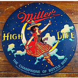 SIGNCHAT Miller High Life Beer Witch Sitting On Crescent Moon Round Metal Adv Sign Funny Metal Sign Crossing Traffic Novelty Sign 12X12 Inch