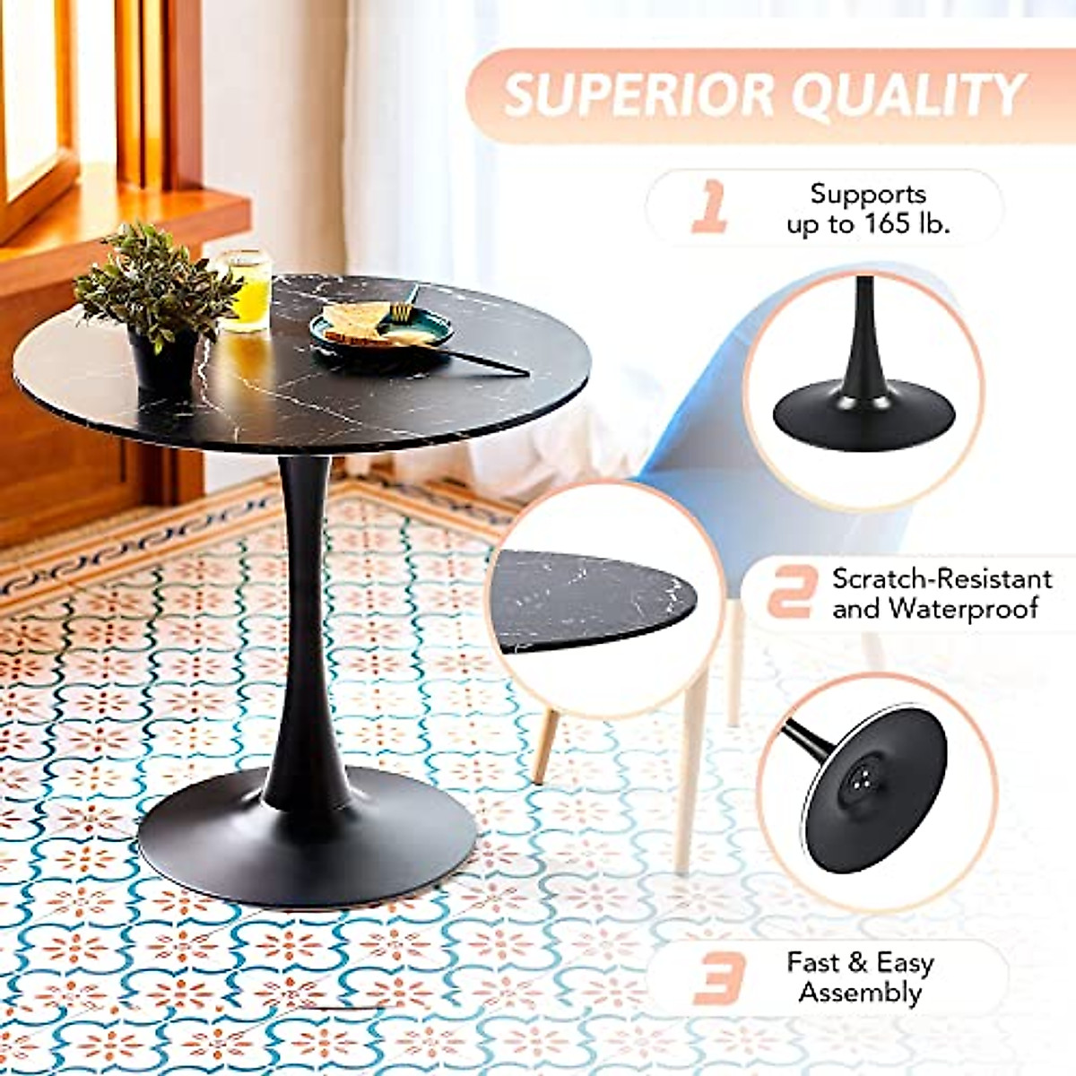 VONLUCE 32 Inch Round Dining Table with Faux Marble Top for Kitchen Bar Patio and More, Modern Small Coffee Table Living Room Accent Table with Tulip Style Metal Base and 165lb Capacity for 2-4, Black