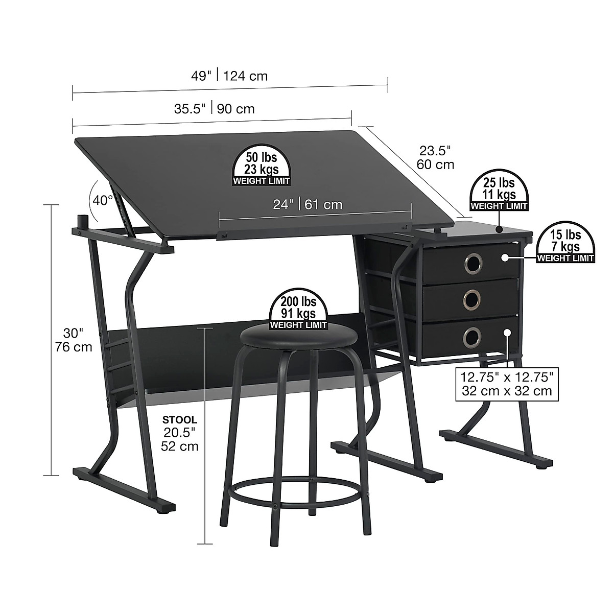 SD Studio Designs 2 Piece Eclipse Ultra Center/Drawing Table with Stool, Angle Adjustable Top, Storage Shelves, and Drawers