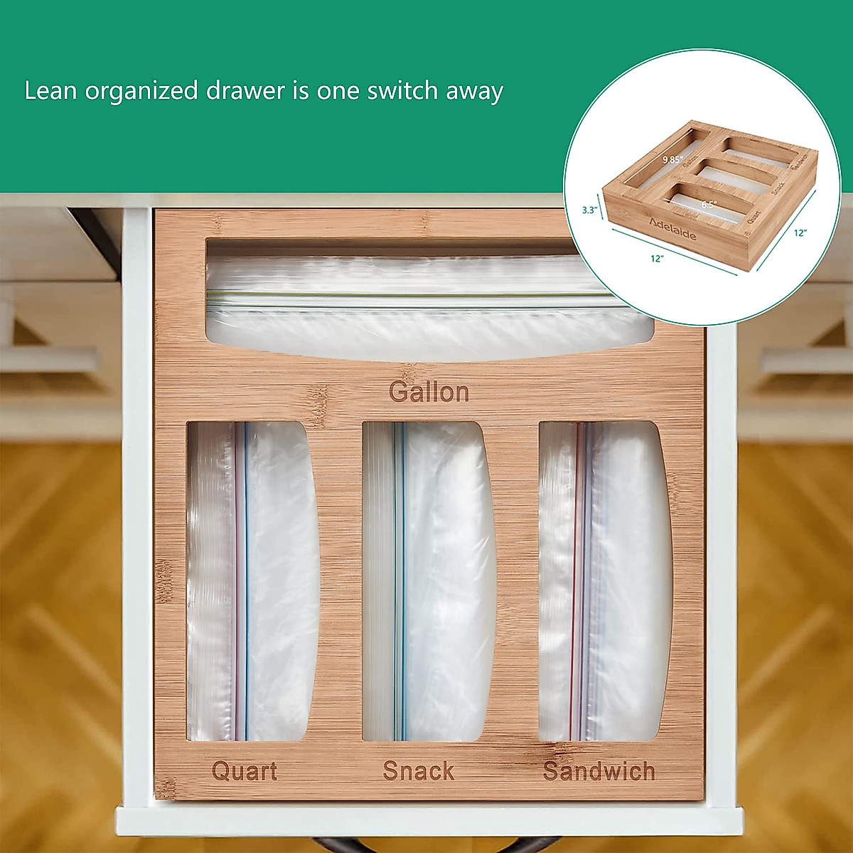 Adelaide Bag Storage Organizer for Kitchen Drawer, Bamboo Organizer, Compatible with Ziplock Gallon, Quart, Sandwich and Snack Variety Size Bag (1 Box 4 Slots)