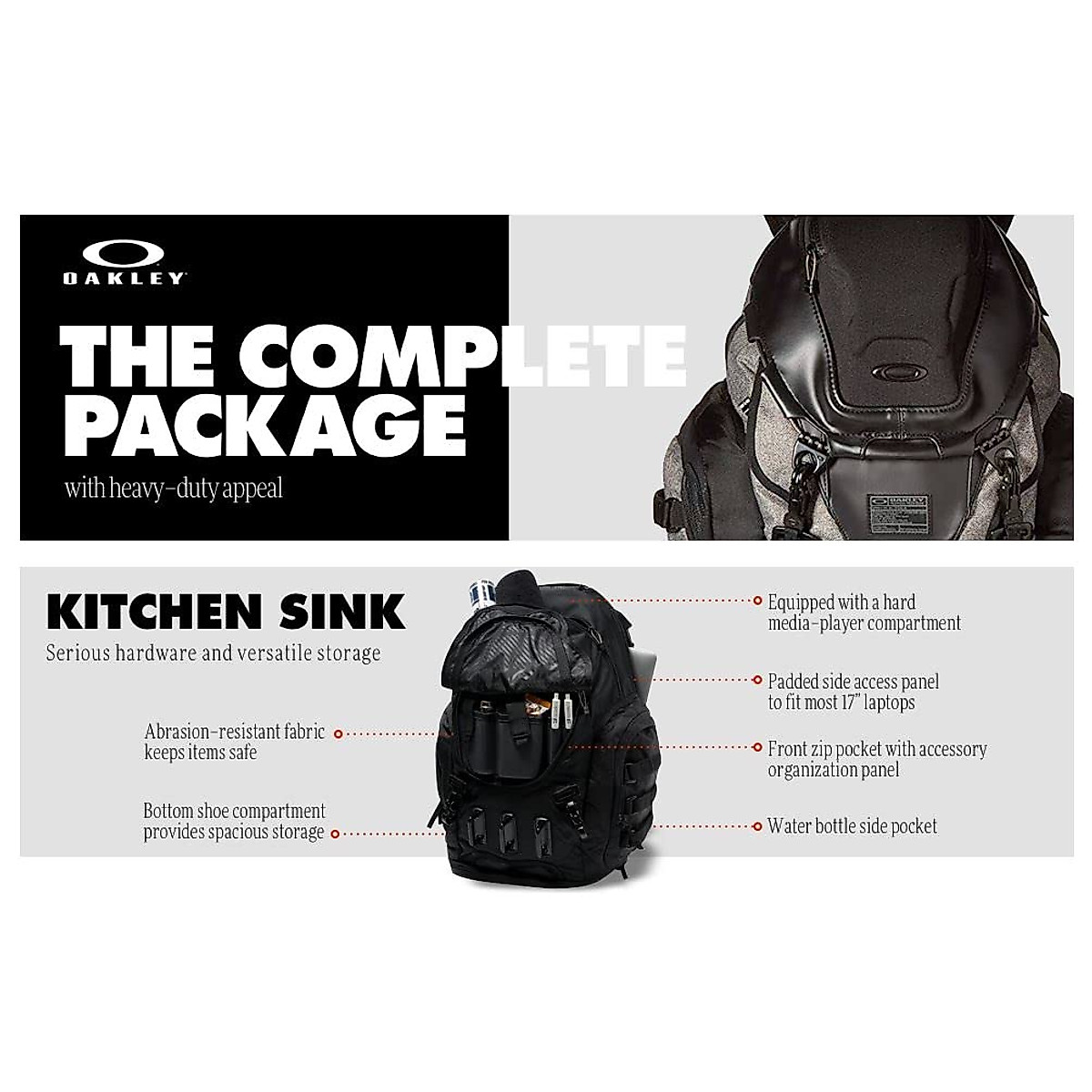 Oakley Men's 34L Kitchen Sink Black Backpack Casual Daypack for Hiking Backpacking Camping Traveling + BUNDLE with Designer iWear Collapsible Water Bottle with Carabiner