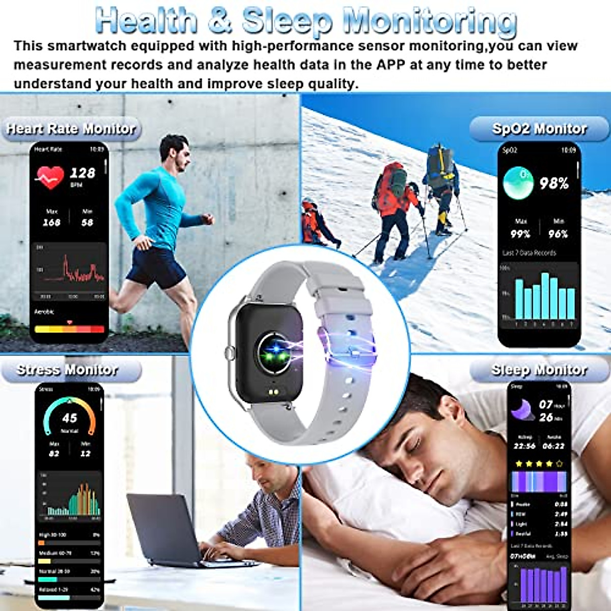 Smart Watch(Answer/Make Call), 1.96" Touch Screen Smartwatch for Android and iOS Phones with Heart Rate Monitor, Blood Oxygen Tracking, Sleep Monitor, IP68 Waterproof Fitness Tracker for Men and Women