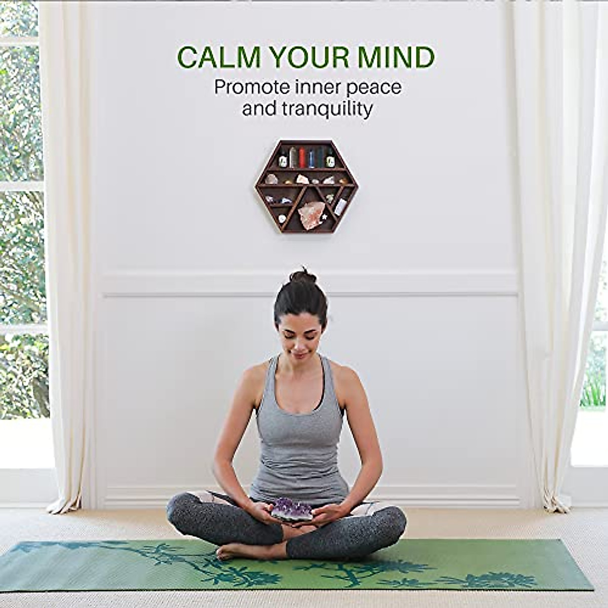 ENSO SENSORY Tsuki Crystal & Rock Display Shelf - Hexagon Floating Wall Shelves with Cresent Moon Design for Rocks, Crystals, Oils, Stones, Plants - Honeycomb Geometric Shape Home Decor