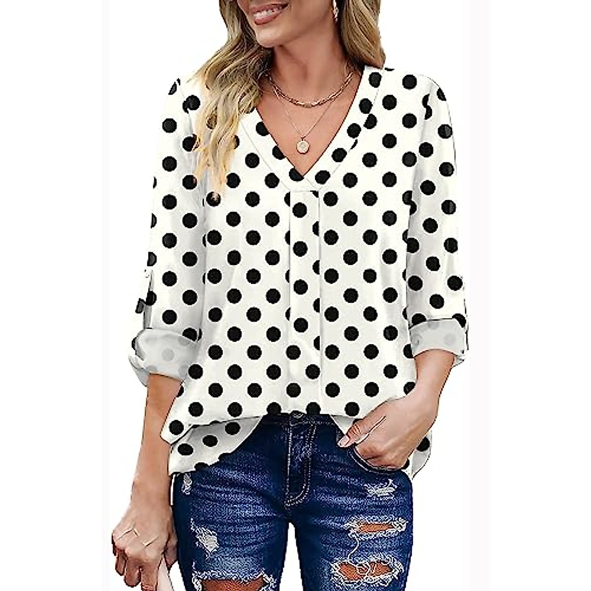Work Blouses for Women Office Ladies Tops for Leggings Chiffon Long Sleeve Tops Polka Dot L