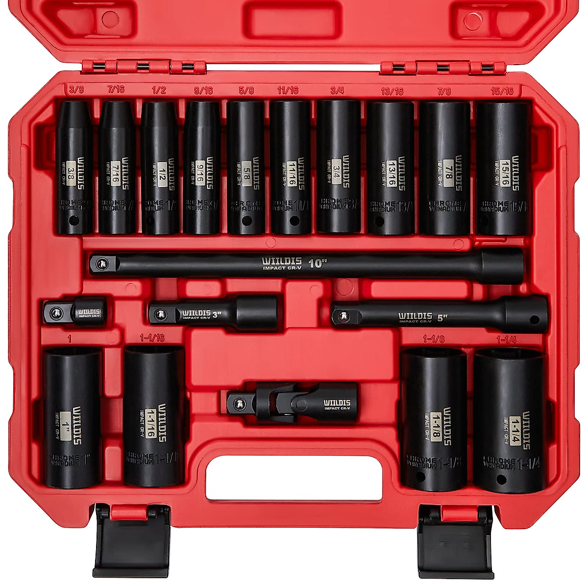 WIILDIS 1/4" Drive Impact Socket Set, 54-Piece, 6-Point, SAE/Metric, 5/32 Inch - 9/16 Inch, 4mm - 15mm, Standard/Deep,CR-V, Heavy Duty Storage Case for Household, Automotive Repair & DIY Project