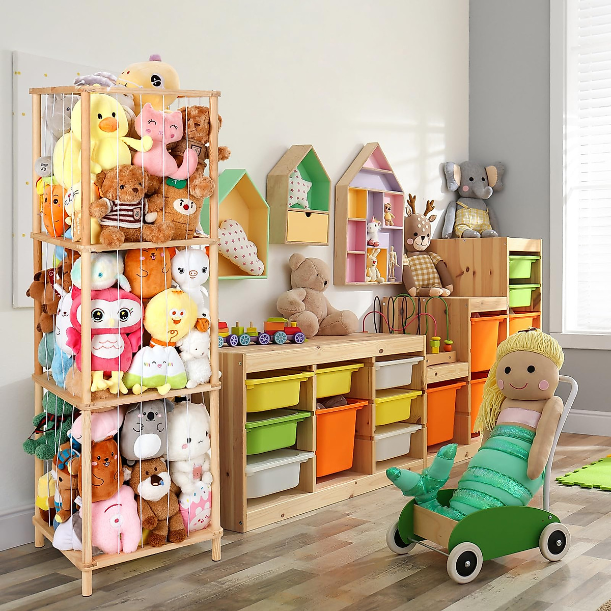 ACEPRUT Wood Stuffed Animal Storage, Space Save Three Tier Vertical Large Stuffed Animal Zoo Organizer for Playroom Bedroom