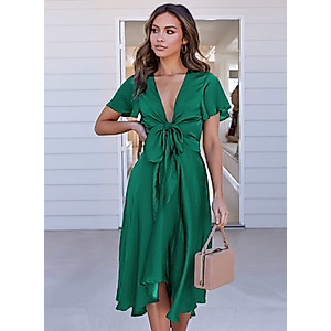 miduo Womens Dresses Satin Summer Loose Wrap Tie Front V Neck Short Sleeve High Waist Skater Swing Cocktail Party Midi Homecoming Dresses Green XXL
