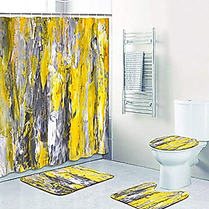 Abstract Yellow Bathroom Sets with Shower Curtain and Rugs and Accessories, Yellow Black and Gray Shower Curtain Sets, Modern Shower Curtains for Bathroom,Orange Bathroom Decor 4 Pcs