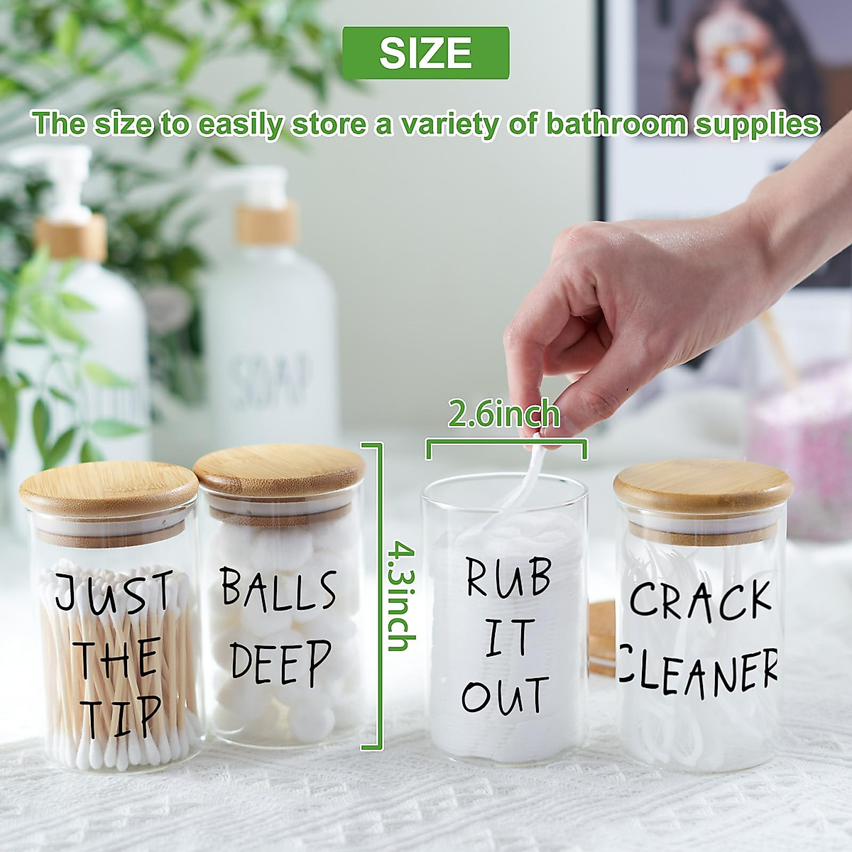 FyndraX Bathroom Organizer Holder Jars Set of 4, Funny Decor Qtip Glass Canister Containers for Guest Room, Restroom and Washroom Storage of Cotton Ball, Cotton Swab, Cotton Round Pads, Floss