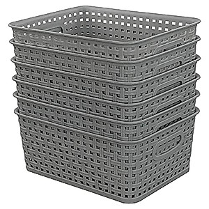Morcte Grey Plastic Storage Basket, Bin Organizer, 6-Pack