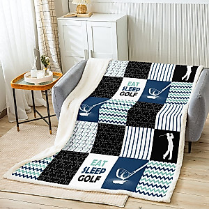 Golf Throw Blanket Sports Games Fleece Blanket Twin Size, Athlete Silhouette Patchwork Fuzzy Blanket for Kids Boys Teens Adults, Golf Lovers Geometry Lattice Ripple Sherpa Blanket, Blue Black