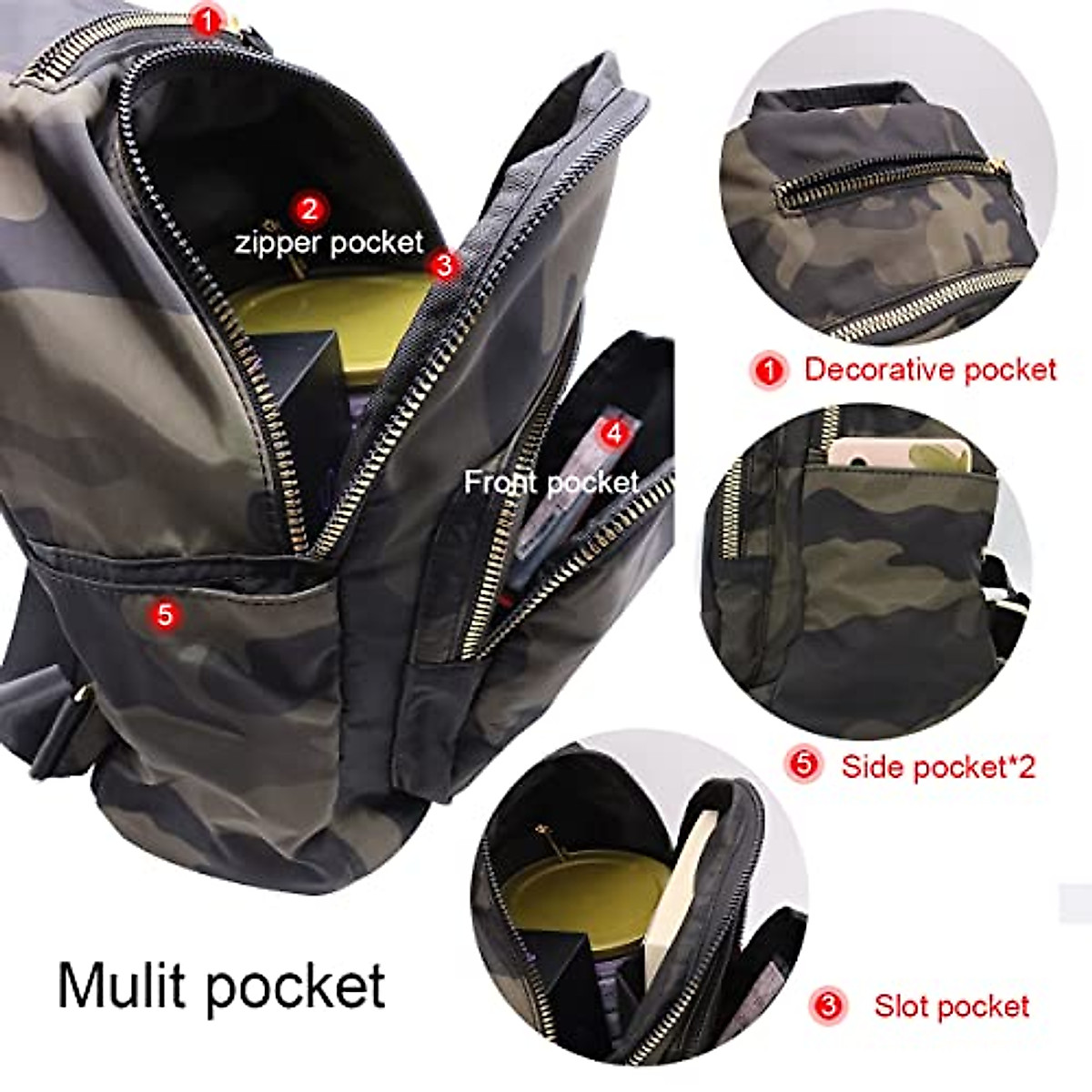 Women Nylon Backpack Anti-theft Fashion Casual Lightweight Travel Shoulder Bag Waterproof Bag (Camo)