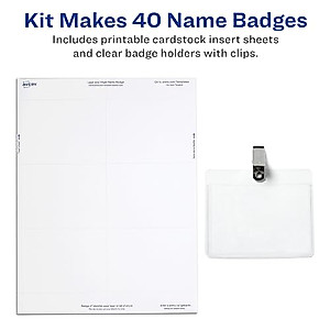 Avery Customizable Name Badges with Clips, 3" x 4", Clear Name Tag Holders with White Printable Inserts, 40 Clip Style Name Badges (5384)