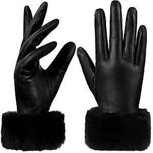 GSG Women Leather Gloves Rabbit Fur Cuff Touchscreen Winter Warm Driving GlovesBlack L