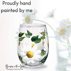 Hand Painted White Daisy Flower Stemless Wine Glass, Gift for her, Daisy Flower Wine Glass 15 oz
