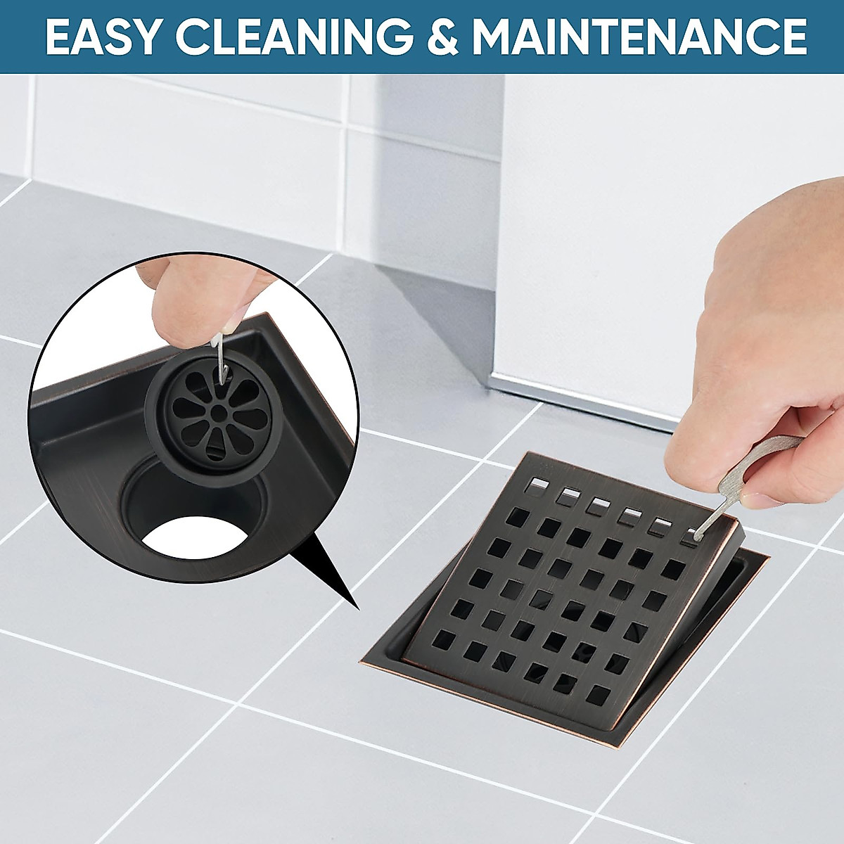 TICONN 4'' Square Floor Shower Drain, Lattice Square Perforated Pattern Easy Cleaning Removable Grate, Rustproof SUS 304 Stainless Steel (Oil Rubbed Bronze, 4'')