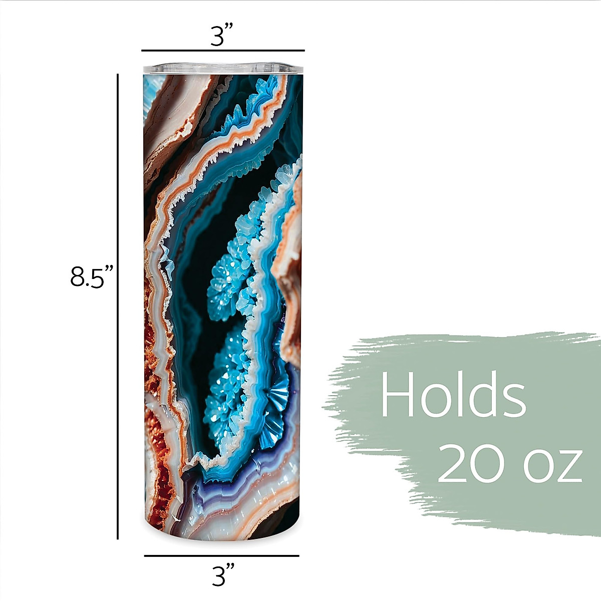 Elanze Designs Burnt Umber & Arctic Blue Crystal Gemstone Geode Wrap-Around Design 20 Ounce Stainless Steel On-The-Go Coffee Travel Insulated Skinny Tumbler Mug Cup with Slide Top Lid