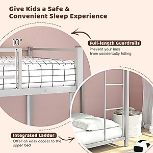 Giantex Twin Over Twin Metal Bunk Beds, Heavy Duty Bed Frame with Safety Guard Rail & Ladder, Low Floor Bunk Bed for Boys Girls Adults Dormitory Bedroom, Noise Free, No Box Spring Needed (Silver)
