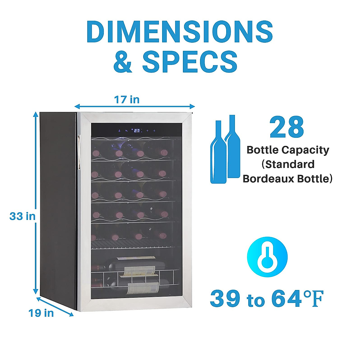Techomey Wine Fridge Freestanding, 28 Bottle Compressor Wine Cooler Refrigerator with Digital Thermostat and Glass Door, Stainless Steel