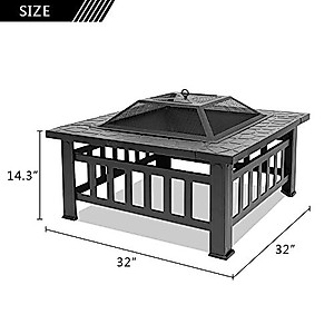 FCH 32" Metal Fire Pit Outdoor Backyard Patio Garden Square Stove Brazier with Charcoal Rack, Poker & Mesh Cover 32" L x 32" W x 17" H