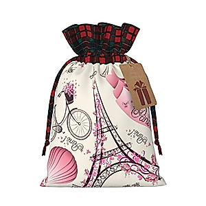 Allgobee Christmas Drawstring Gift Bags Romantic-Paris-Eiffel-Tower Buffalo Plaid Drawstring Bag Party Favors Bags
