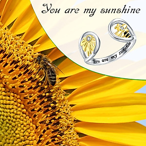 WOUOVO Sunflower Bee Rings for Women - 925 Sterling Silver Adjustable Ring You are My Sunshine Ring Chrismas Mother's Day Birthday Jewery Gift for Teen Girls MOM