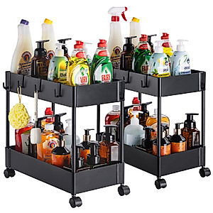 zpose 2 Tier Under Sink Organizer,Under Kitchen Sink Organizers and Storage with Hooks Wheels Under Cabinet Organizer Baskets Multi-purpose Bathroom Under Sink Shelf ，Black，2 Piece