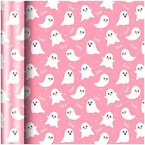 1 Roll Pink Ghost and Boo Wrapping Paper Mini Roll 17in x 32.8Ft Halloween Pink Ghost Print Gift Wrap Paper Cute Ghost Paper for Happy Boo Day Girls Baby Shower Birthday Party Supplies