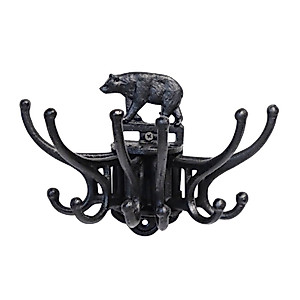BestGiftEver Decorative Rustic Coat Hooks with Black Bear Accent - Free Spinning Movable Cast Iron Wall Hooks - Rustic Key Hook, Towel Holder, Bag and Coat Hanger for Wildlife and Woodland Theme.