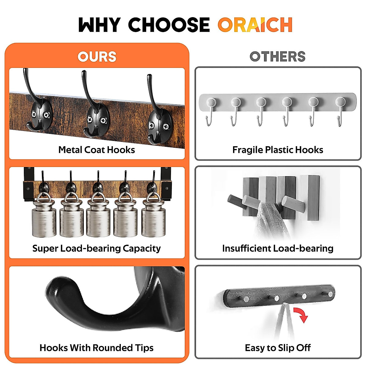 Oraich Wall Hooks with Shelf, Coat Rack Wall Mount, Shelf with Hooks for Coat Backpack Key Clothes Hanger, Wall Floating Shelf Hanging in Entryway, Living Room, Bathroom, Bedroom, Kitchen